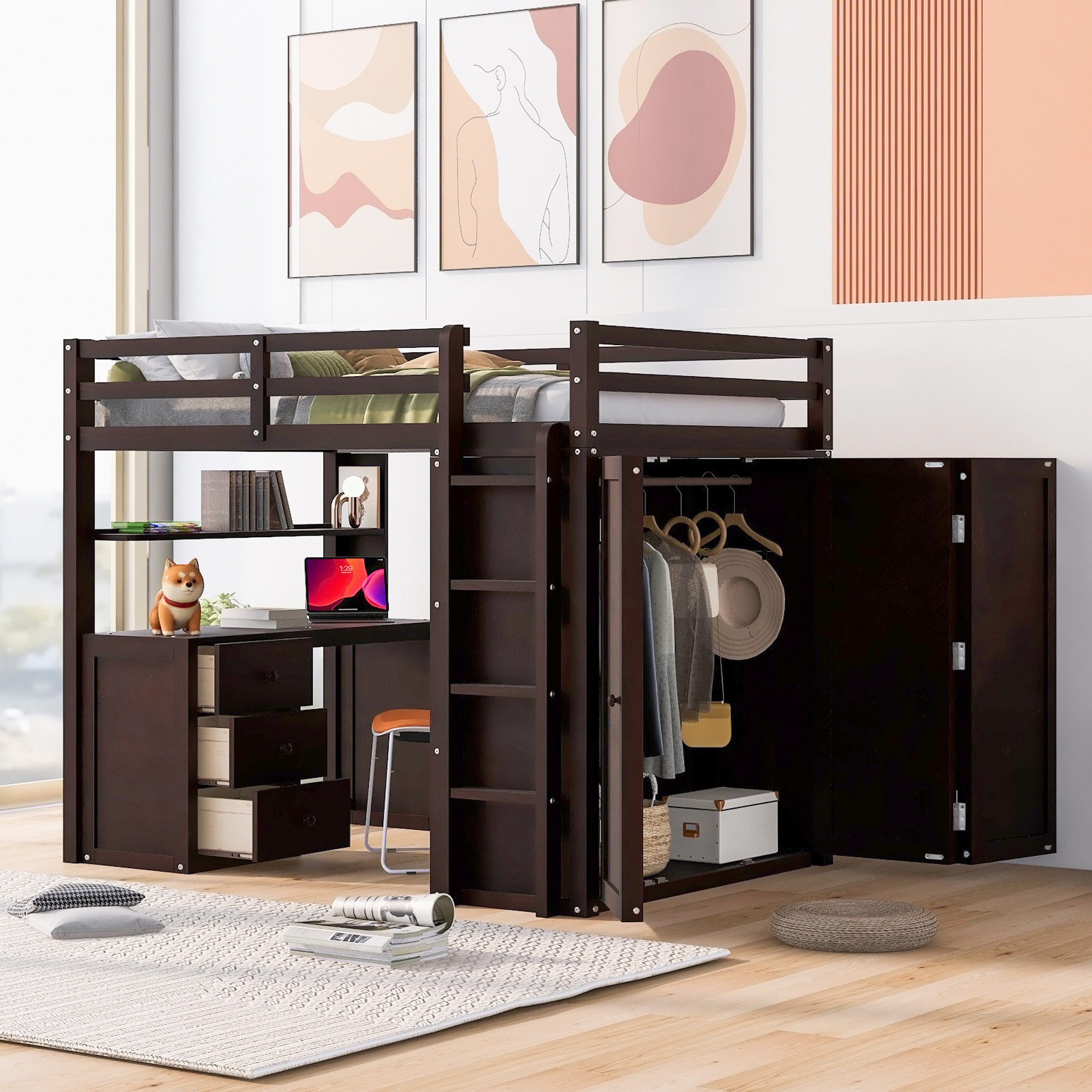 Loft Bed with with Drawers Desk And Wardrobe Platform Bed Bed Frame Harriet Bee Color Espresso Size Full